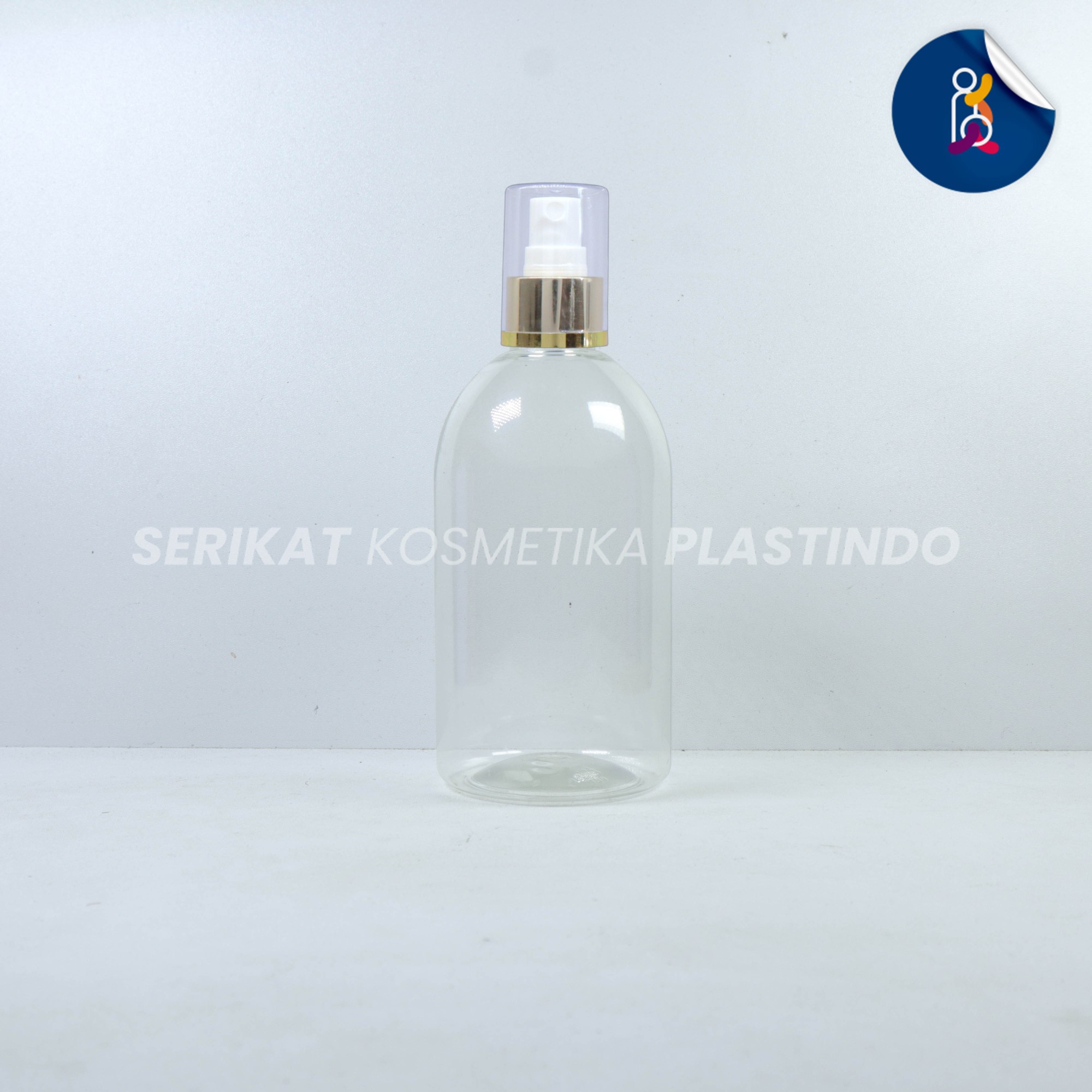 BOTOL OVAL 250ML CLEAR TUTUP SPRAY FULL CAP GOLD - PT. Serikat Kosmetika Plastindo